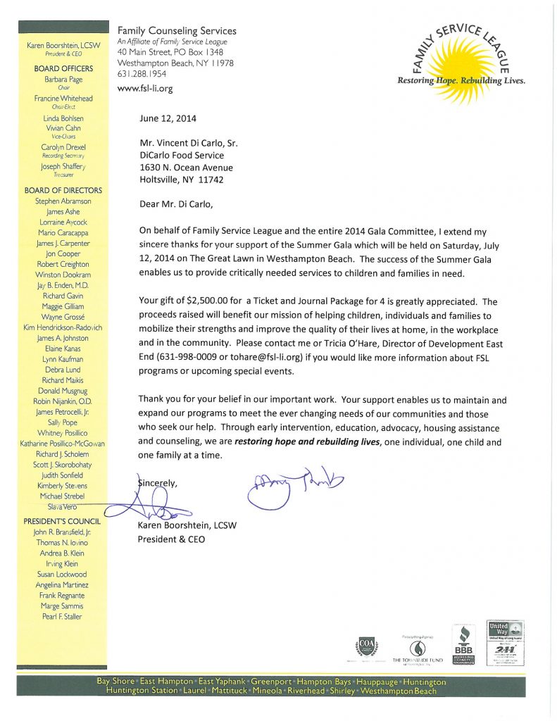 FSL letter 2014 | DiCarlo Foods